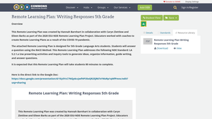 Remote Learning Plan: Writing Responses 5th Grade | OER Commons