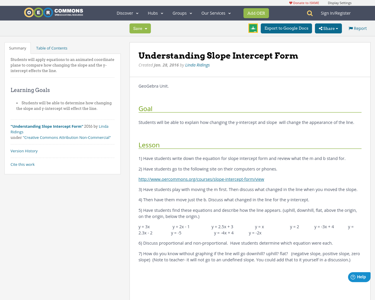 Understanding Slope Intercept Form OER Commons
