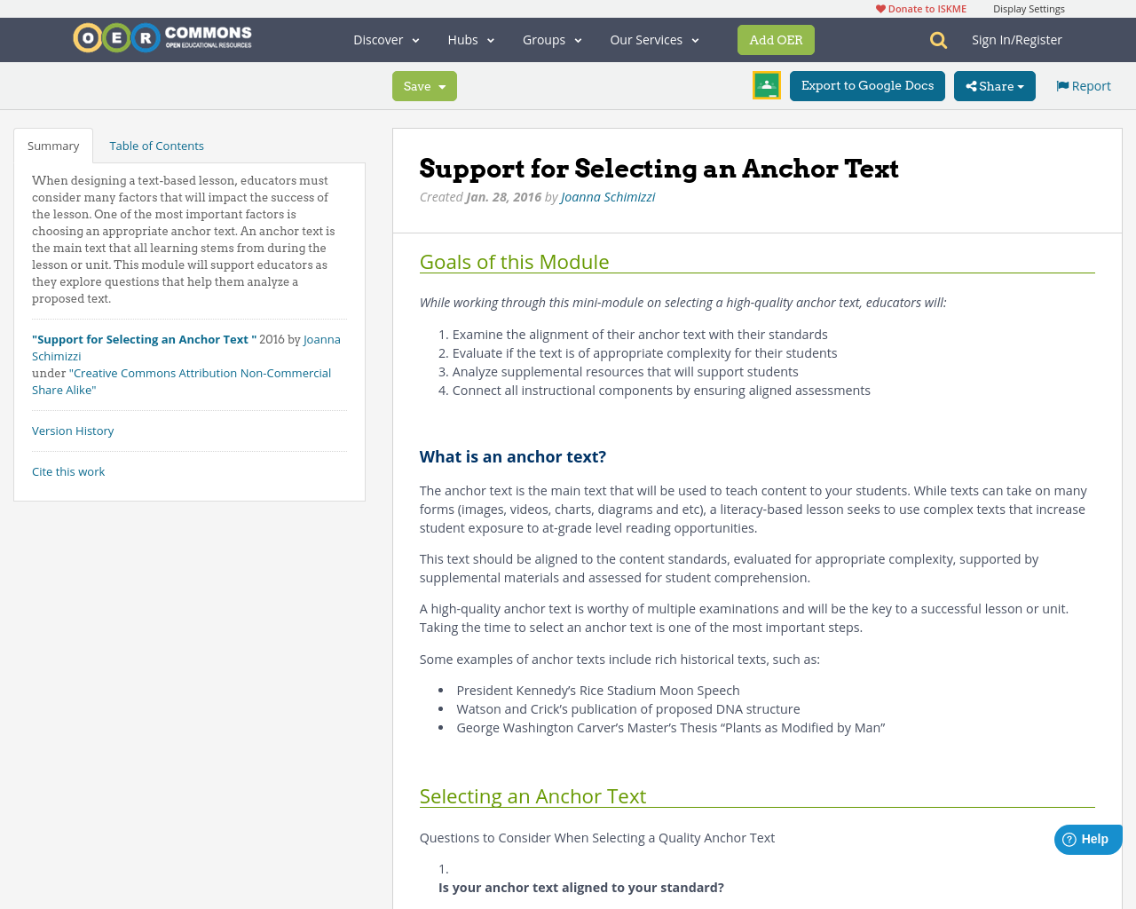 Support for Selecting an Anchor Text | OER Commons