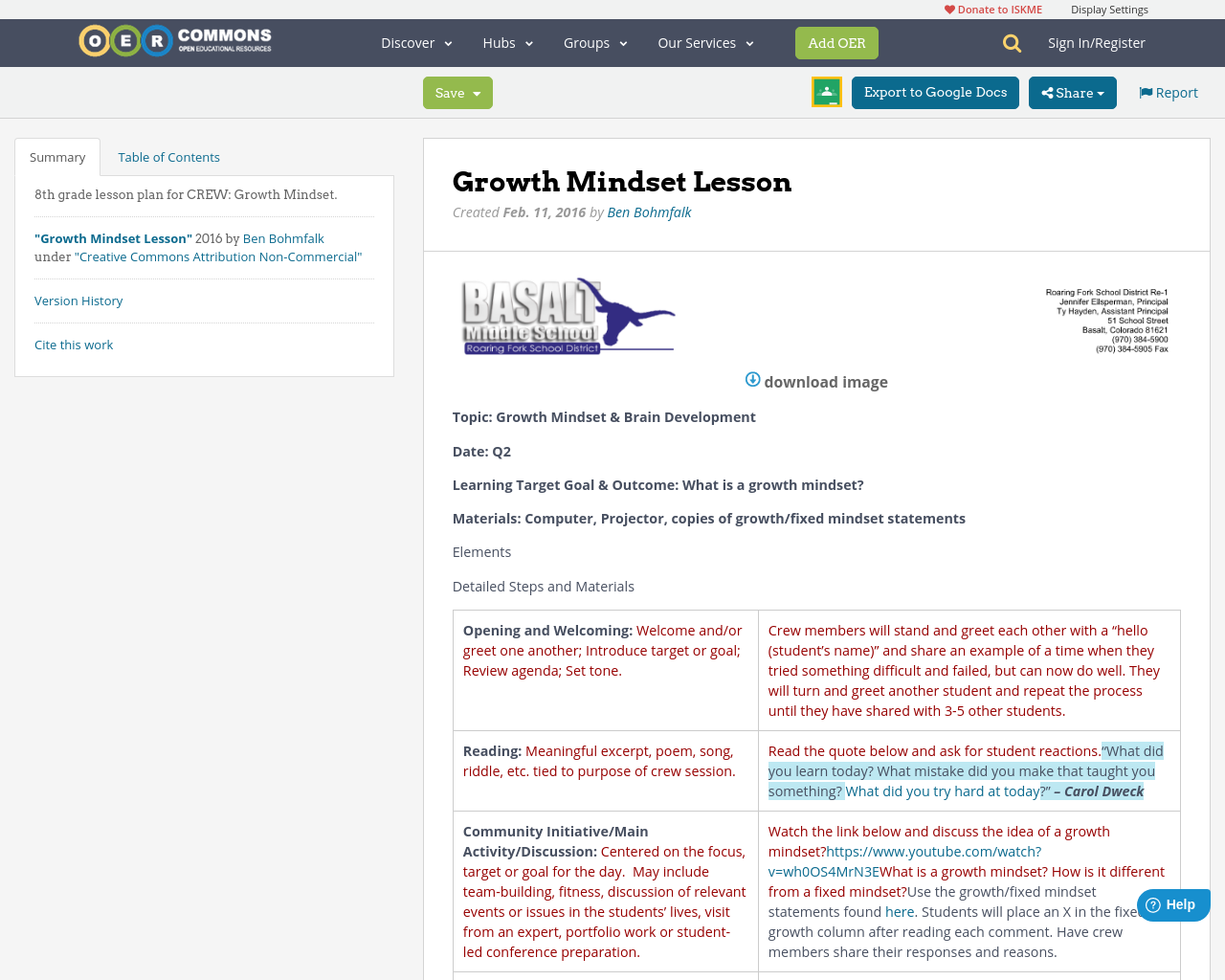 Growth Mindset Lesson | OER Commons