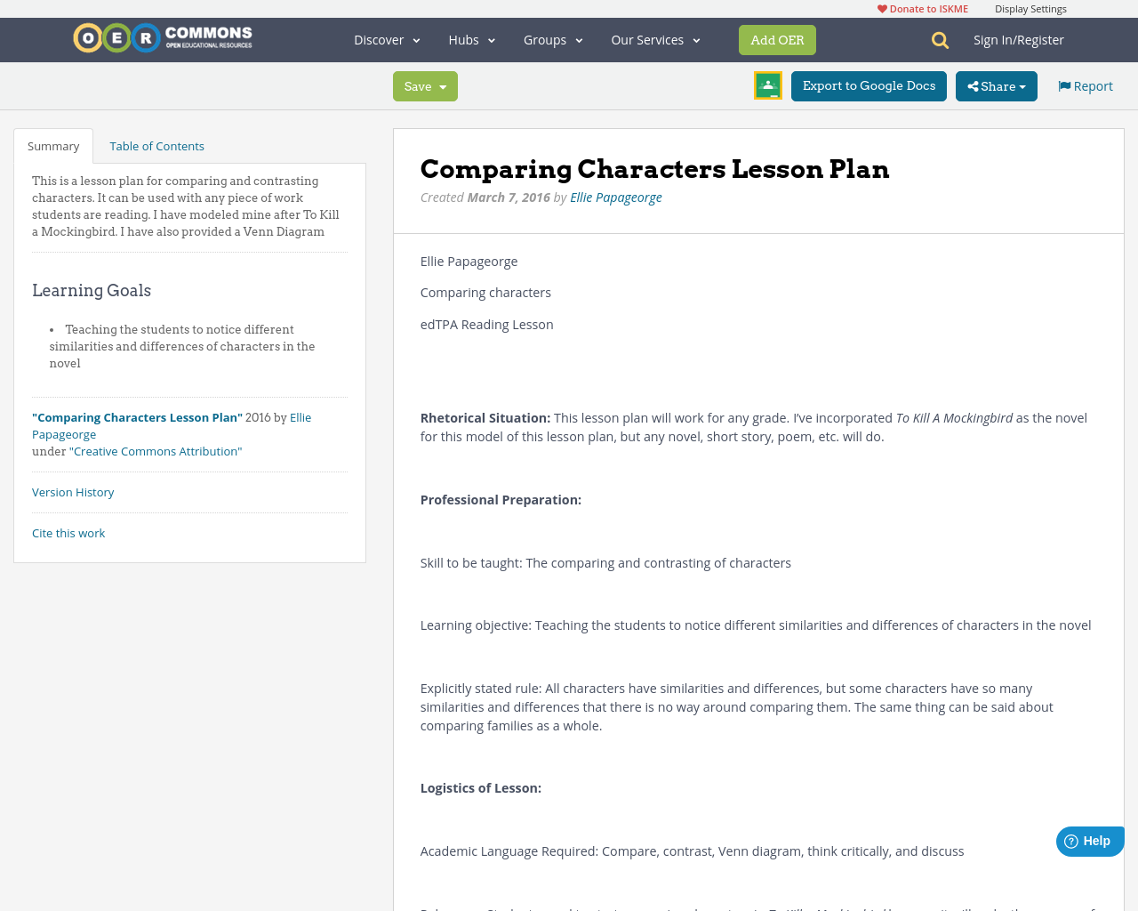 Comparing Characters Lesson Plan OER Commons