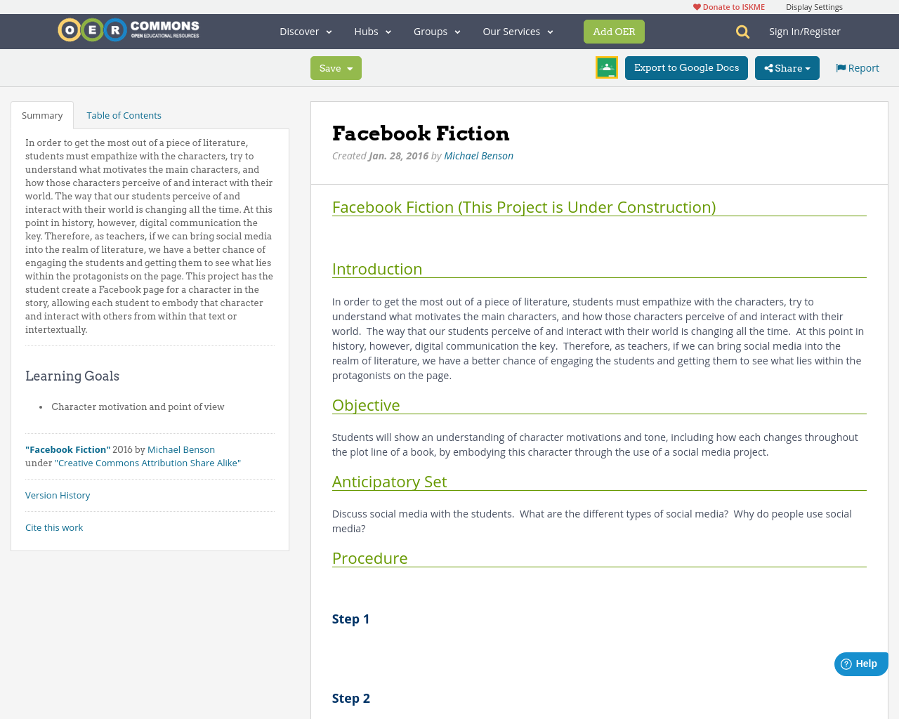 Facebook Fiction | OER Commons