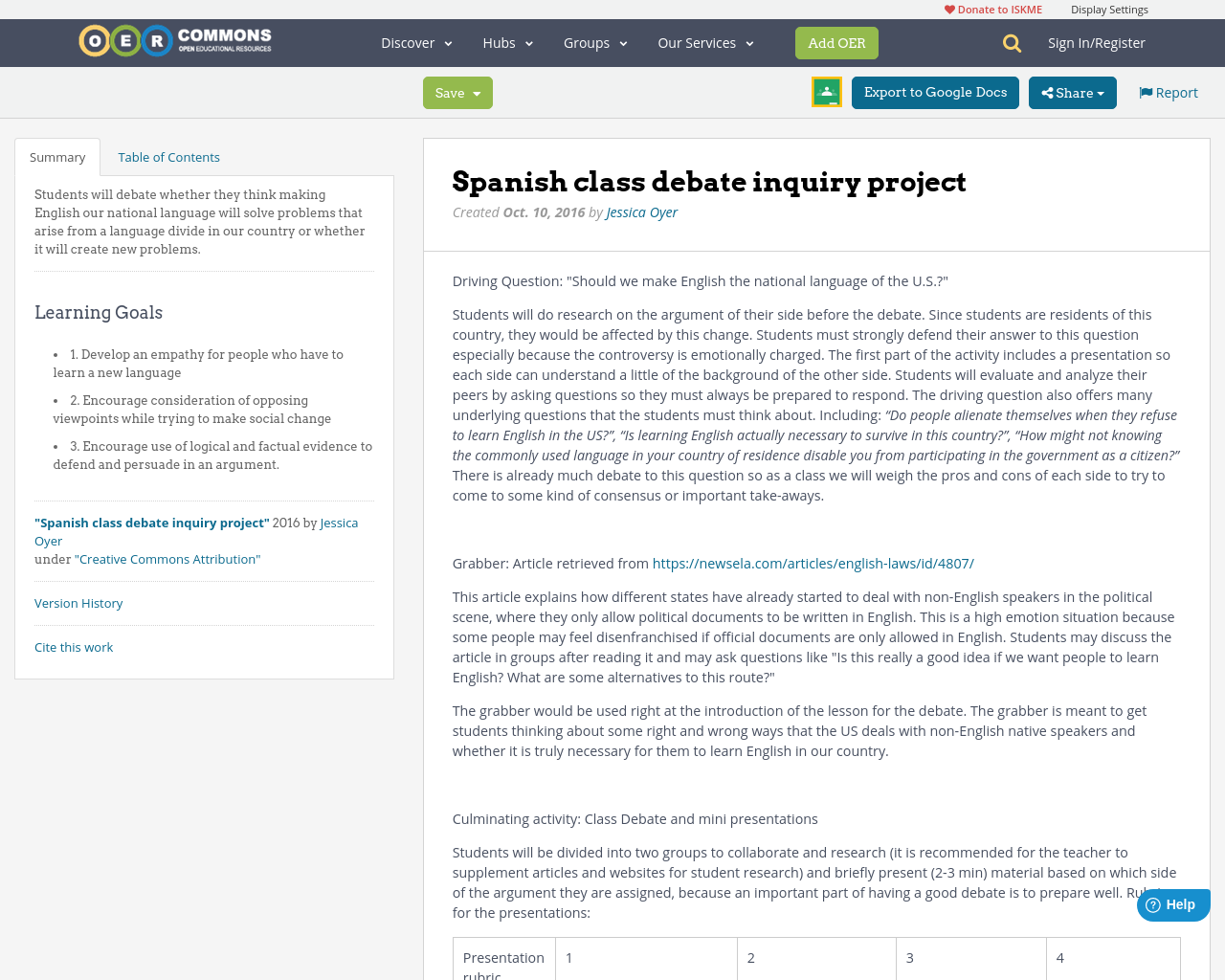 Spanish class debate inquiry project | OER Commons