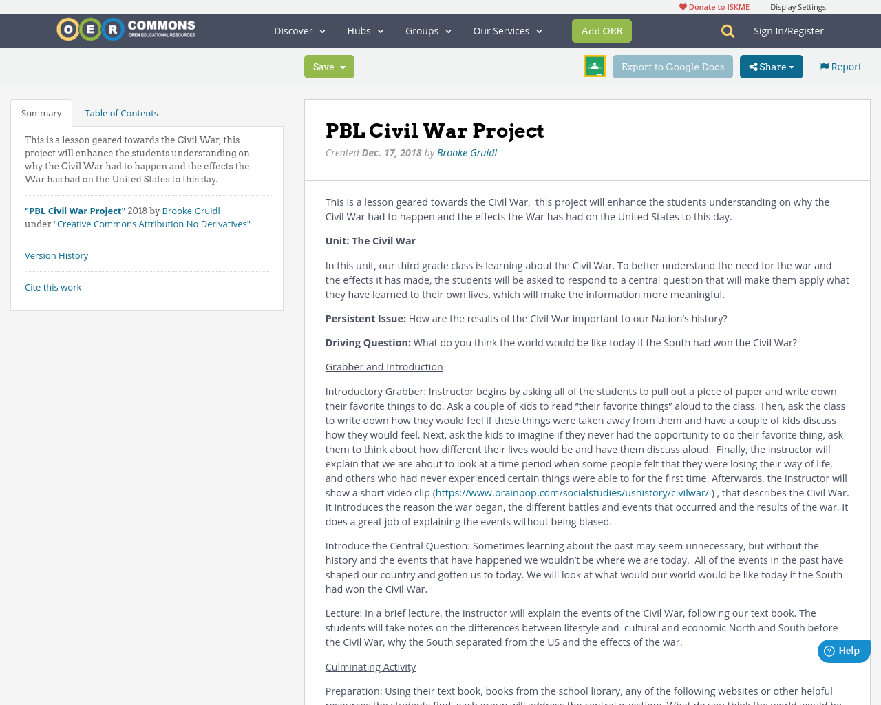 PBL Civil War Project OER Commons