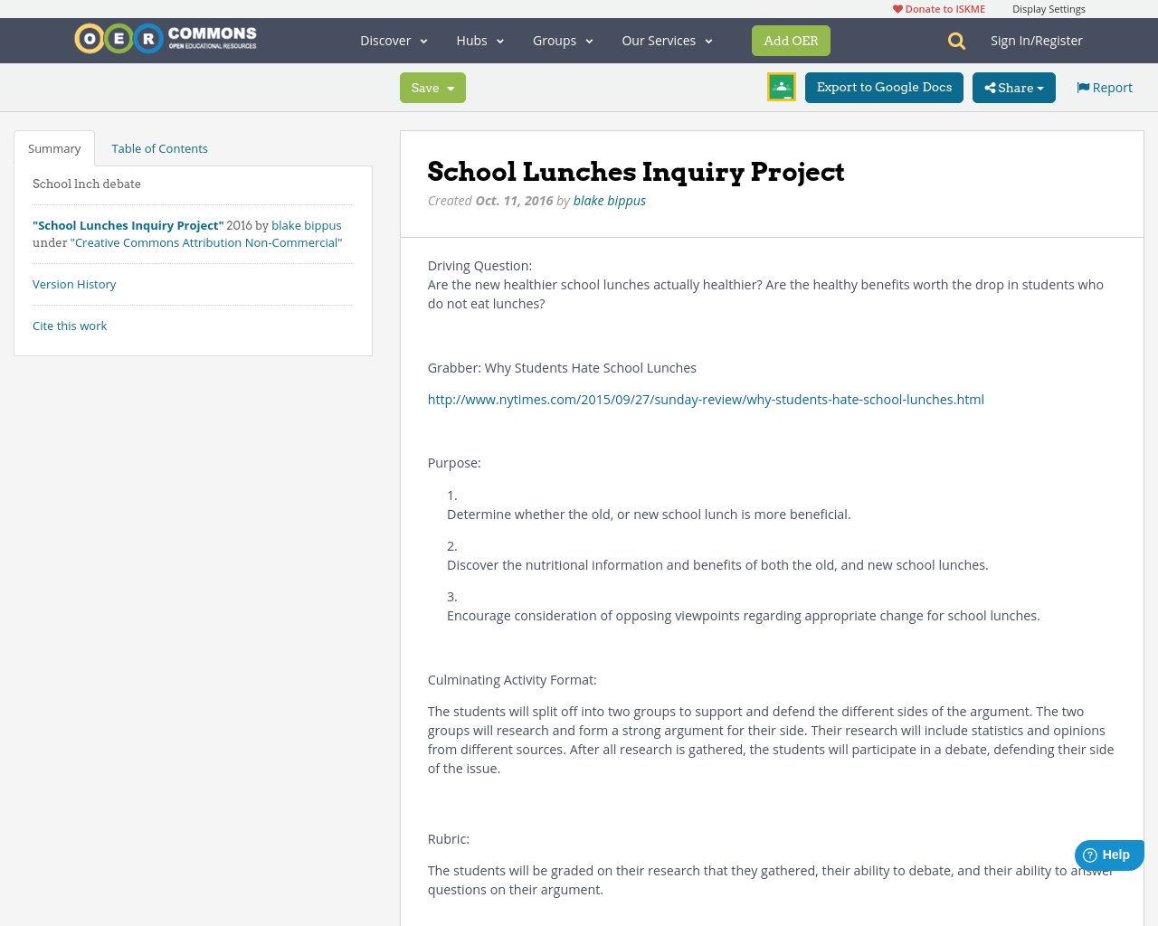 School Lunches Inquiry Project | OER Commons