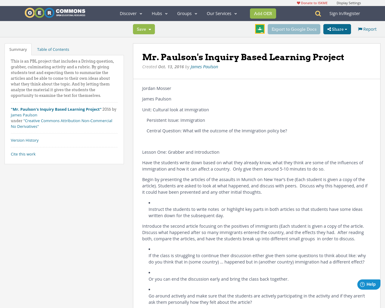 Mr. Paulson's Inquiry Based Learning Project | OER Commons