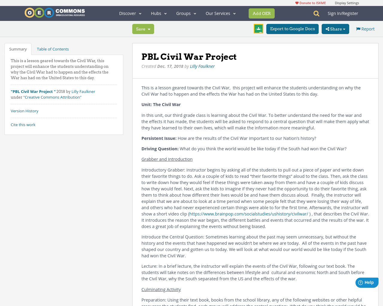 PBL Civil War Project | OER Commons