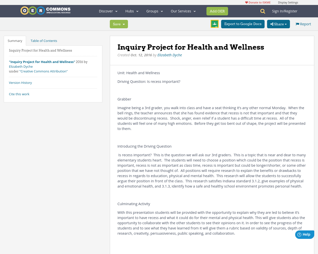 Inquiry Project for Health and Wellness | OER Commons