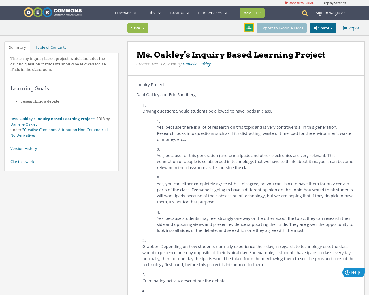 Ms. Oakley's Inquiry Based Learning Project | OER Commons