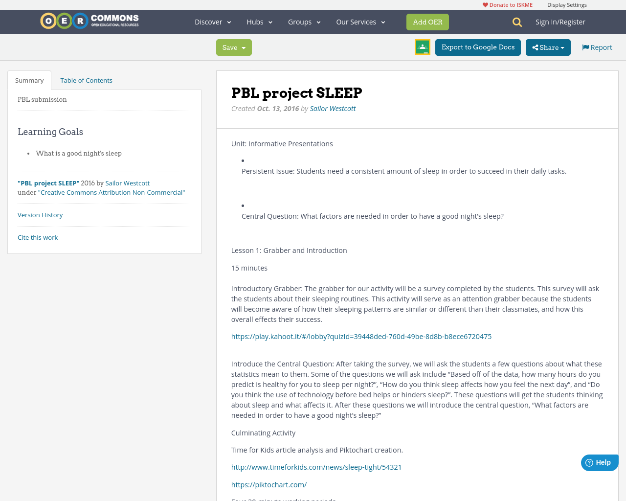 PBL project SLEEP | OER Commons