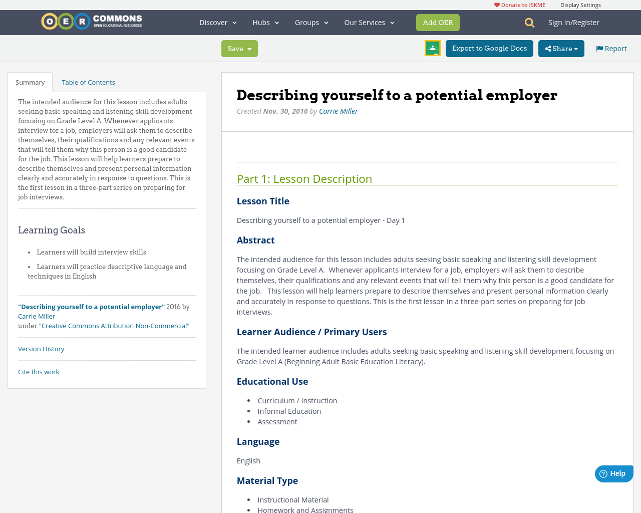 Describing yourself to a potential employer | OER Commons