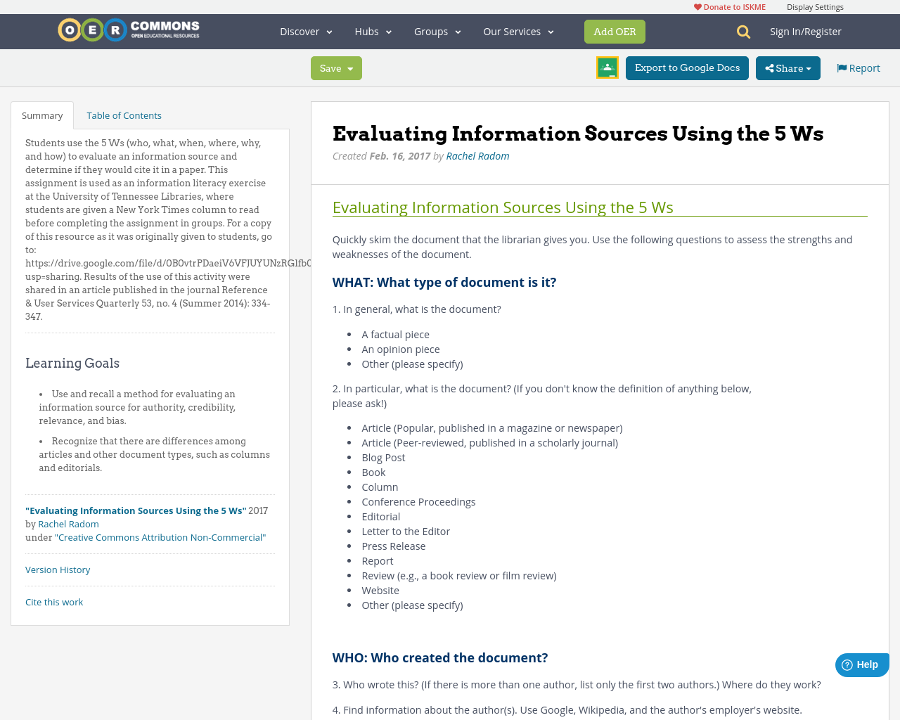 Evaluating Information Sources Using The 5 Ws Oer Commons