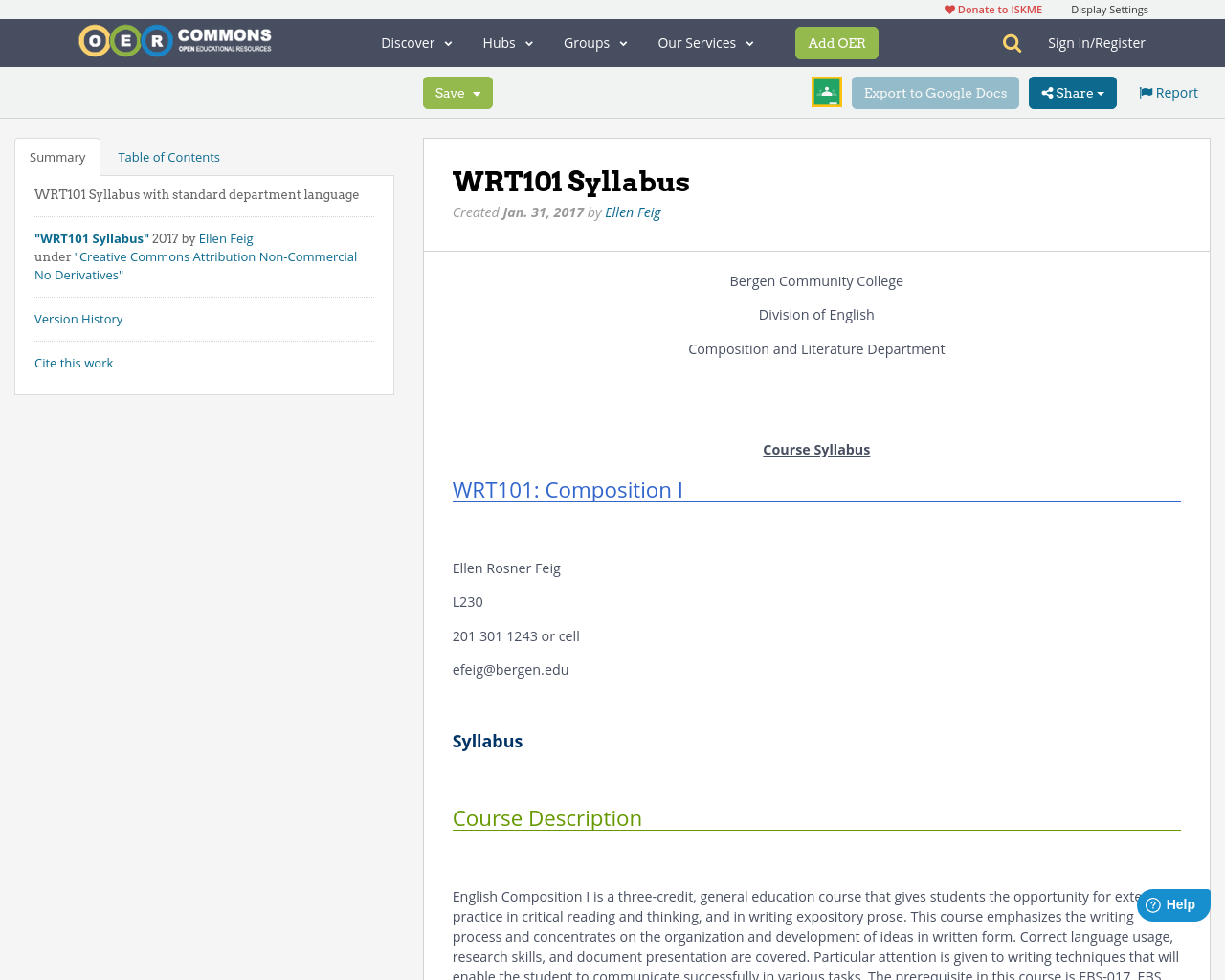 WRT101 Syllabus OER Commons