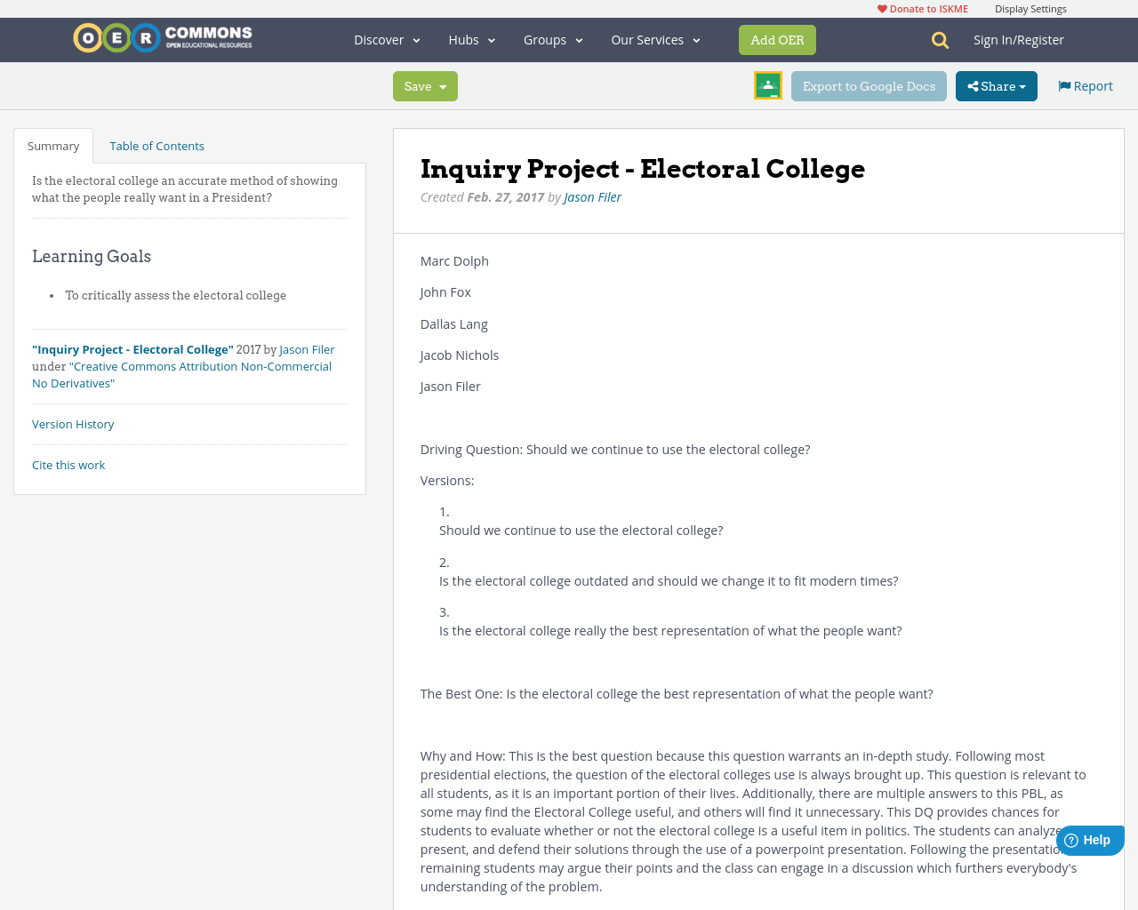 Inquiry Project - Electoral College | OER Commons