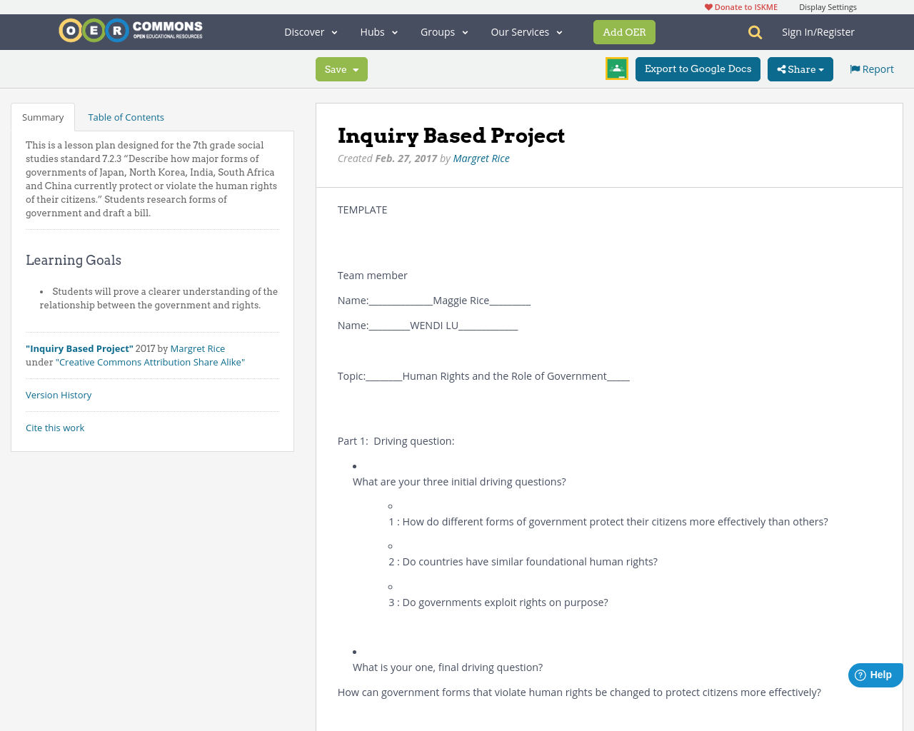 Inquiry Based Project | OER Commons
