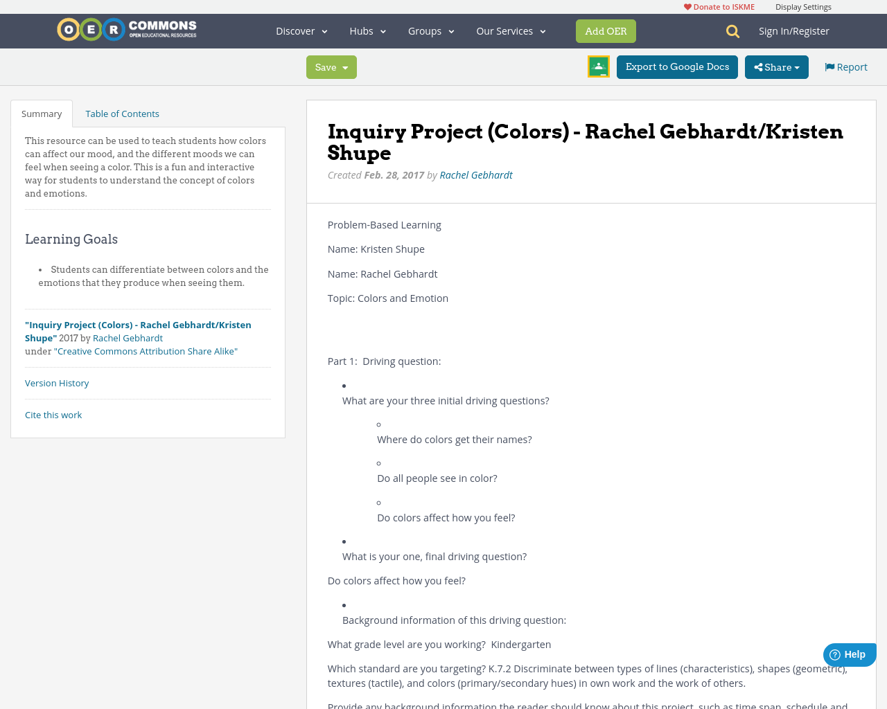 Inquiry Project (Colors) - Rachel Gebhardt/Kristen Shupe | OER Commons