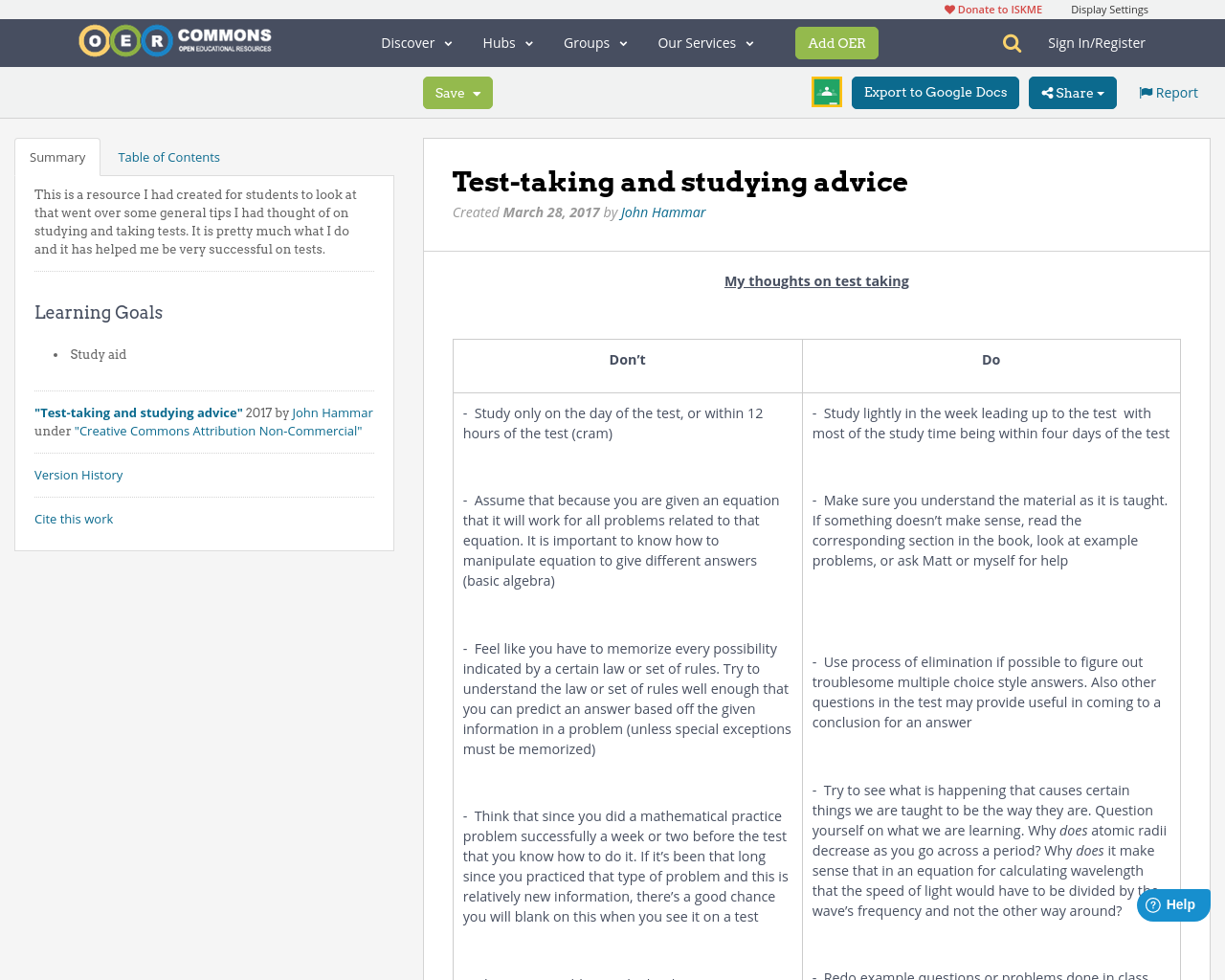 Test-taking and studying advice | OER Commons