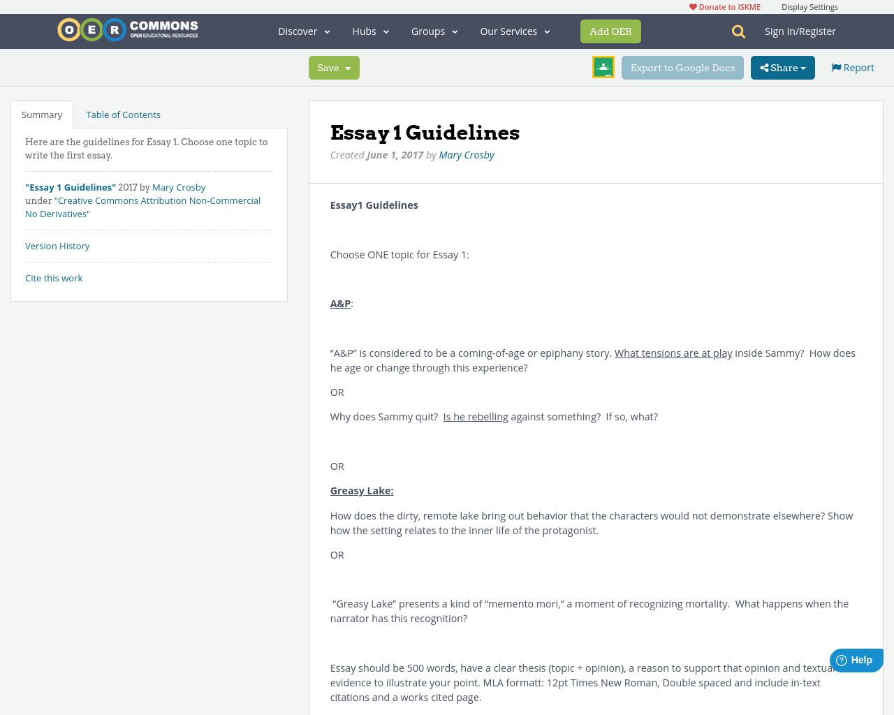Essay 1 Guidelines | OER Commons