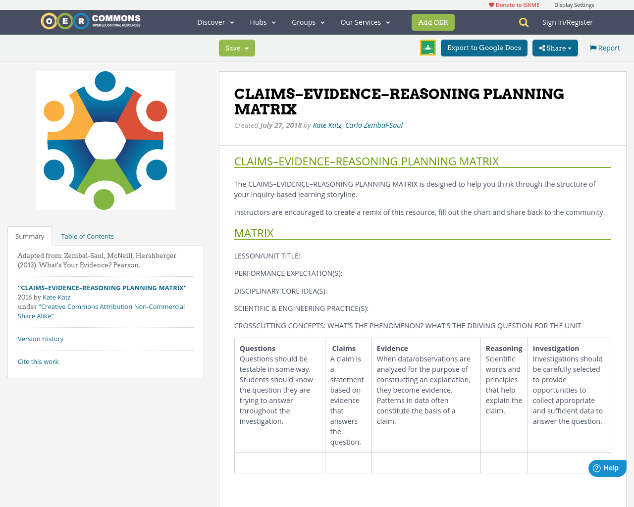 CLAIMS–EVIDENCE–REASONING PLANNING MATRIX | OER Commons
