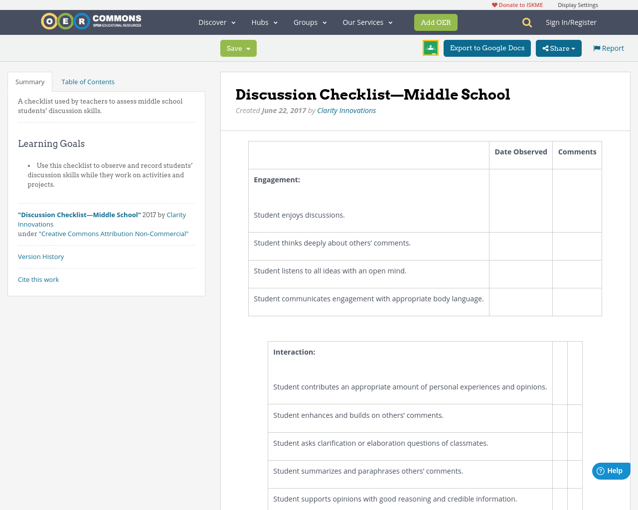 Discussion Checklist—Middle School | OER Commons