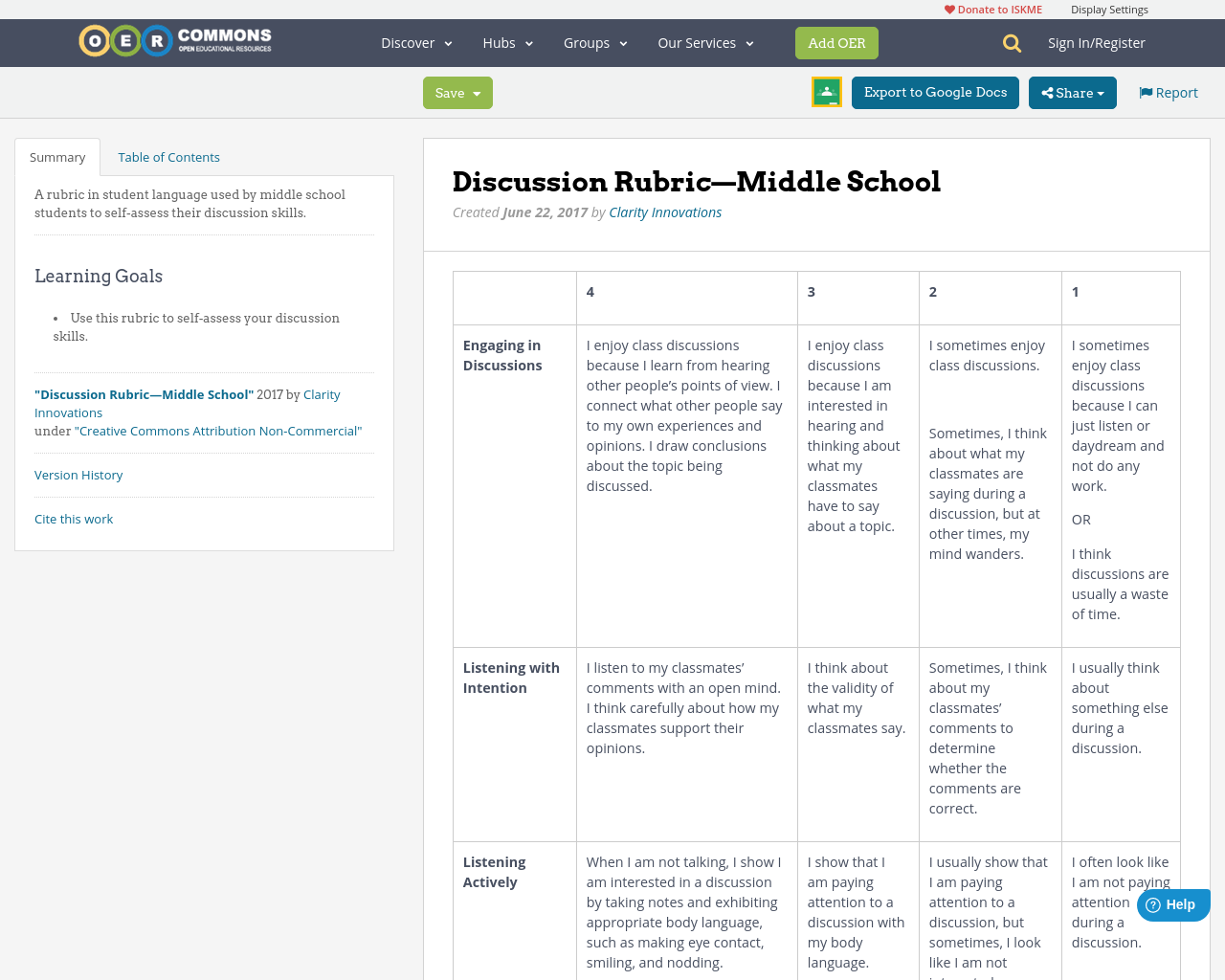 Discussion Rubric—Middle School | OER Commons