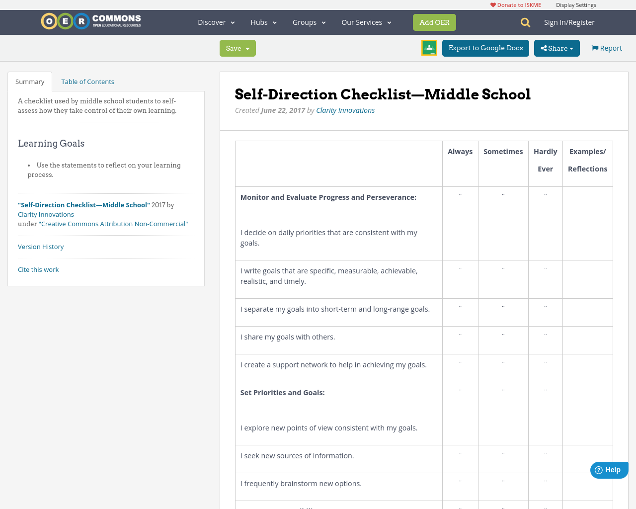 Self-Direction Checklist—Middle School | OER Commons