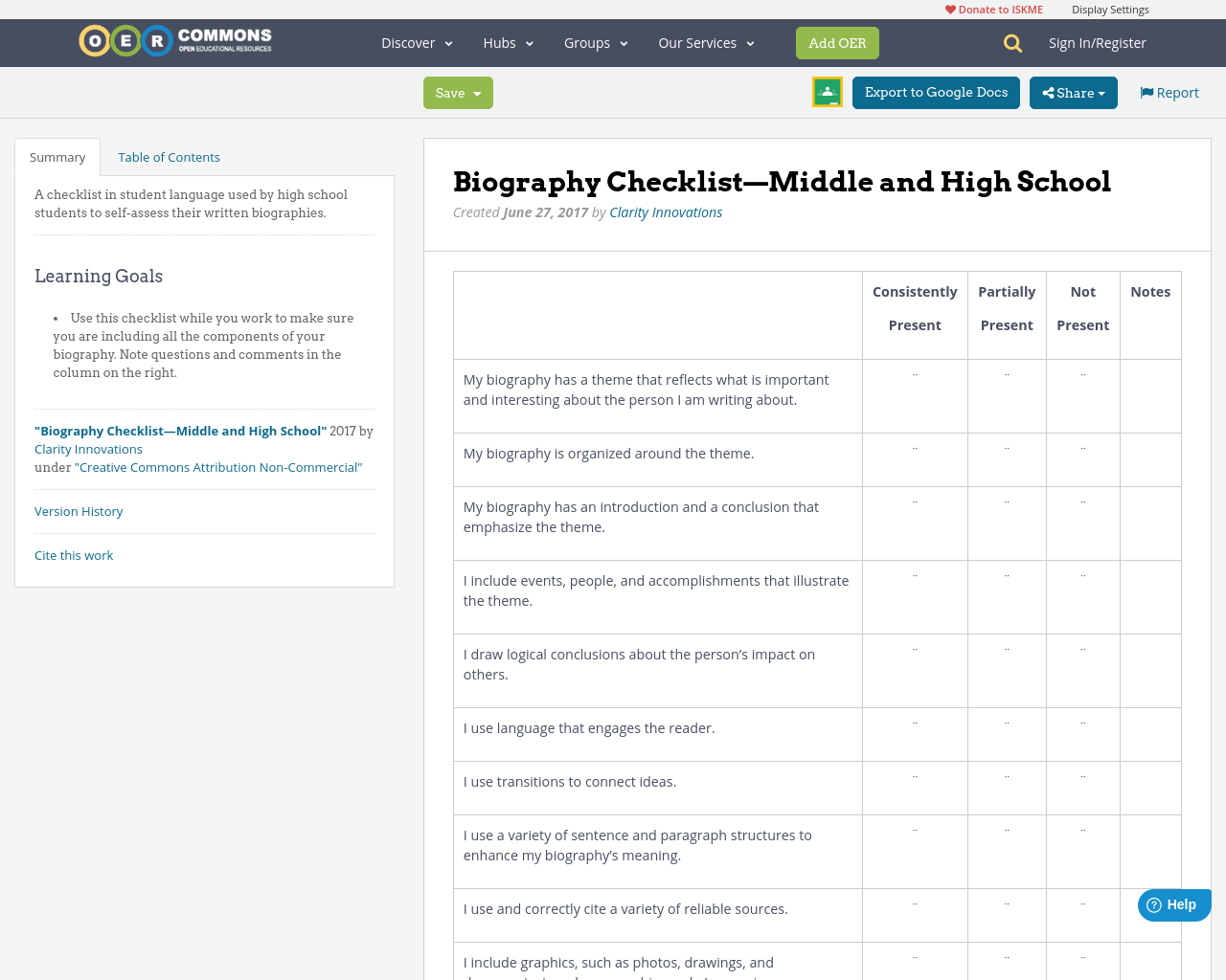 Biography Checklist—Middle and High School | OER Commons