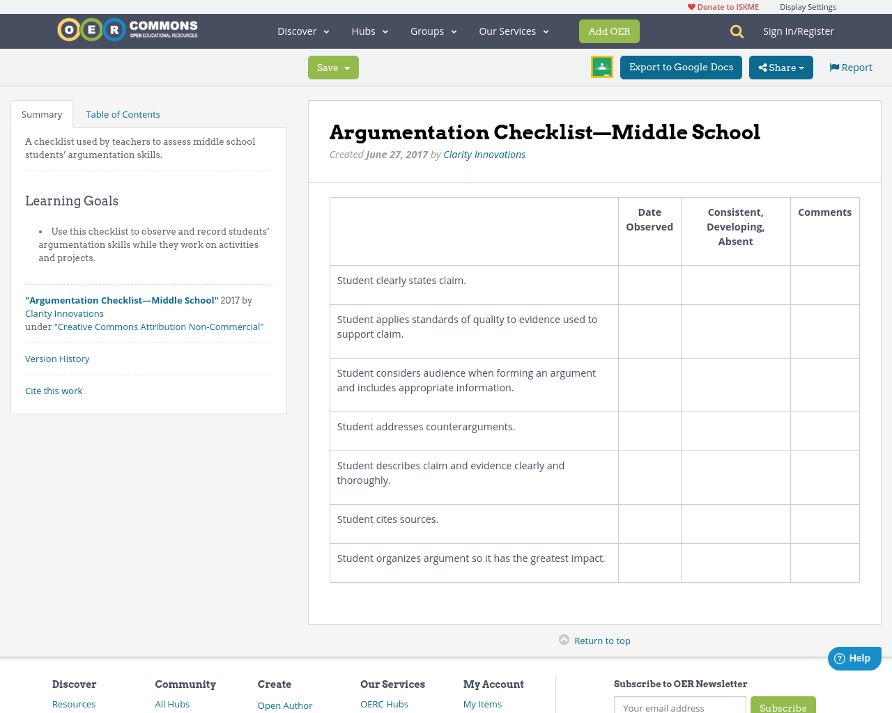 Argumentation Checklist—Middle School | OER Commons