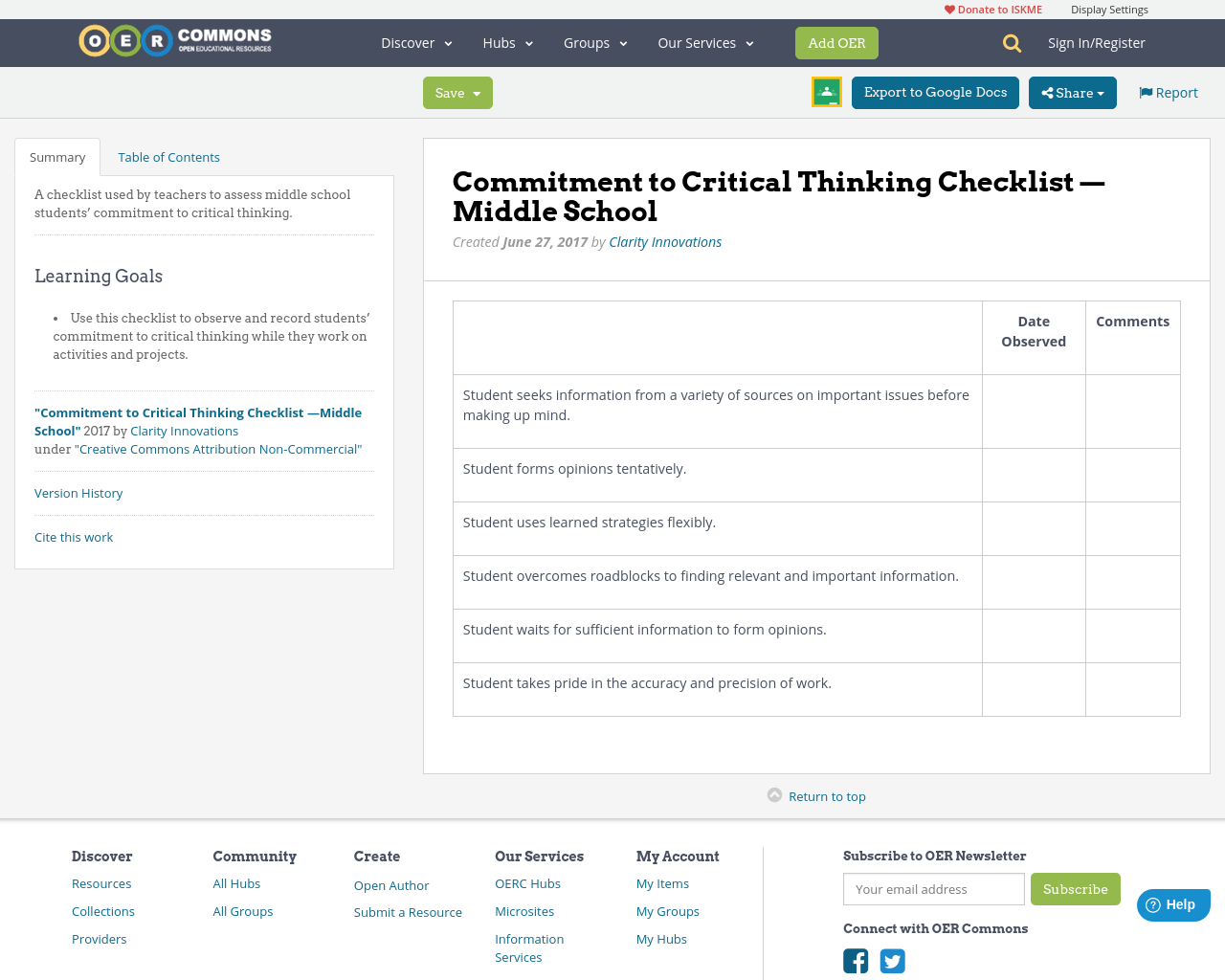 Commitment to Critical Thinking Checklist —Middle School | OER Commons