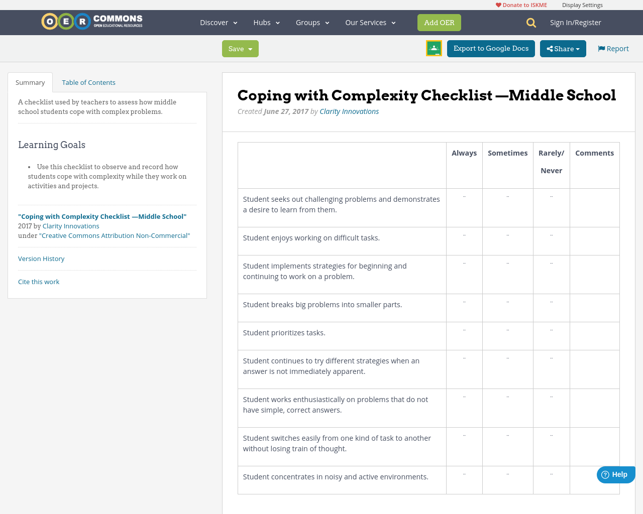 Coping with Complexity Checklist —Middle School | OER Commons