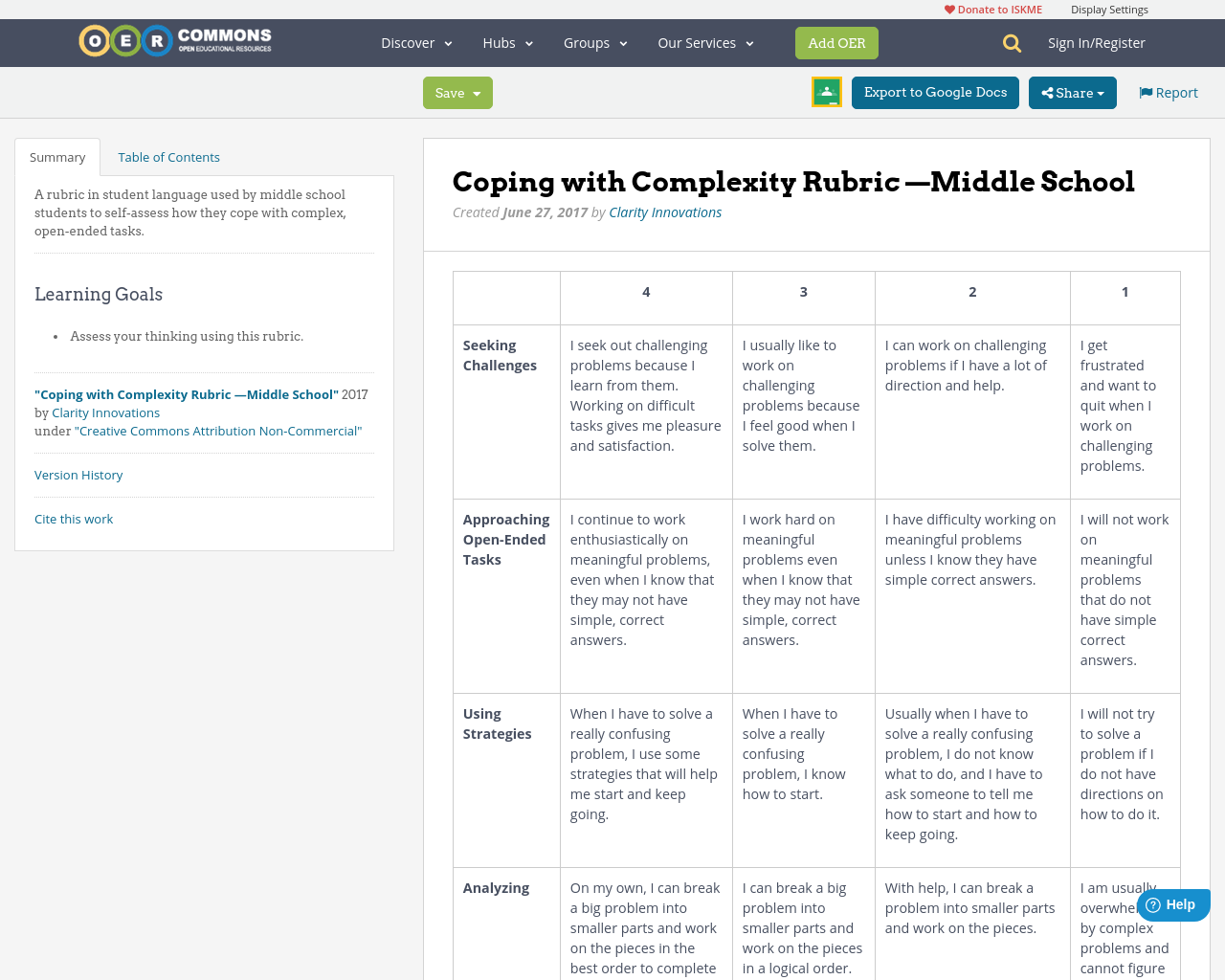 Coping with Complexity Rubric —Middle School | OER Commons