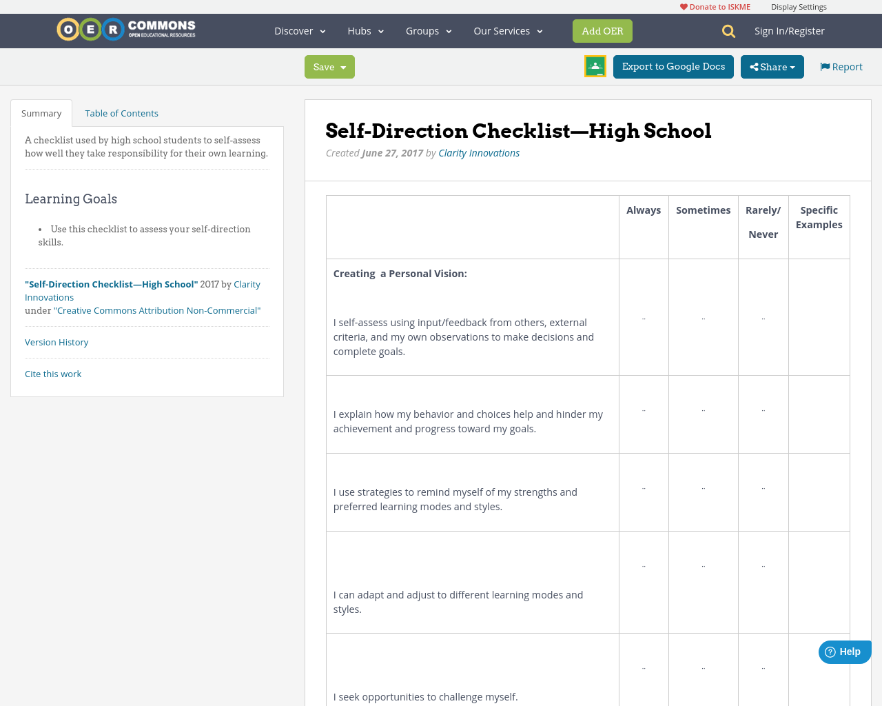 Self-Direction Checklist—High School | OER Commons