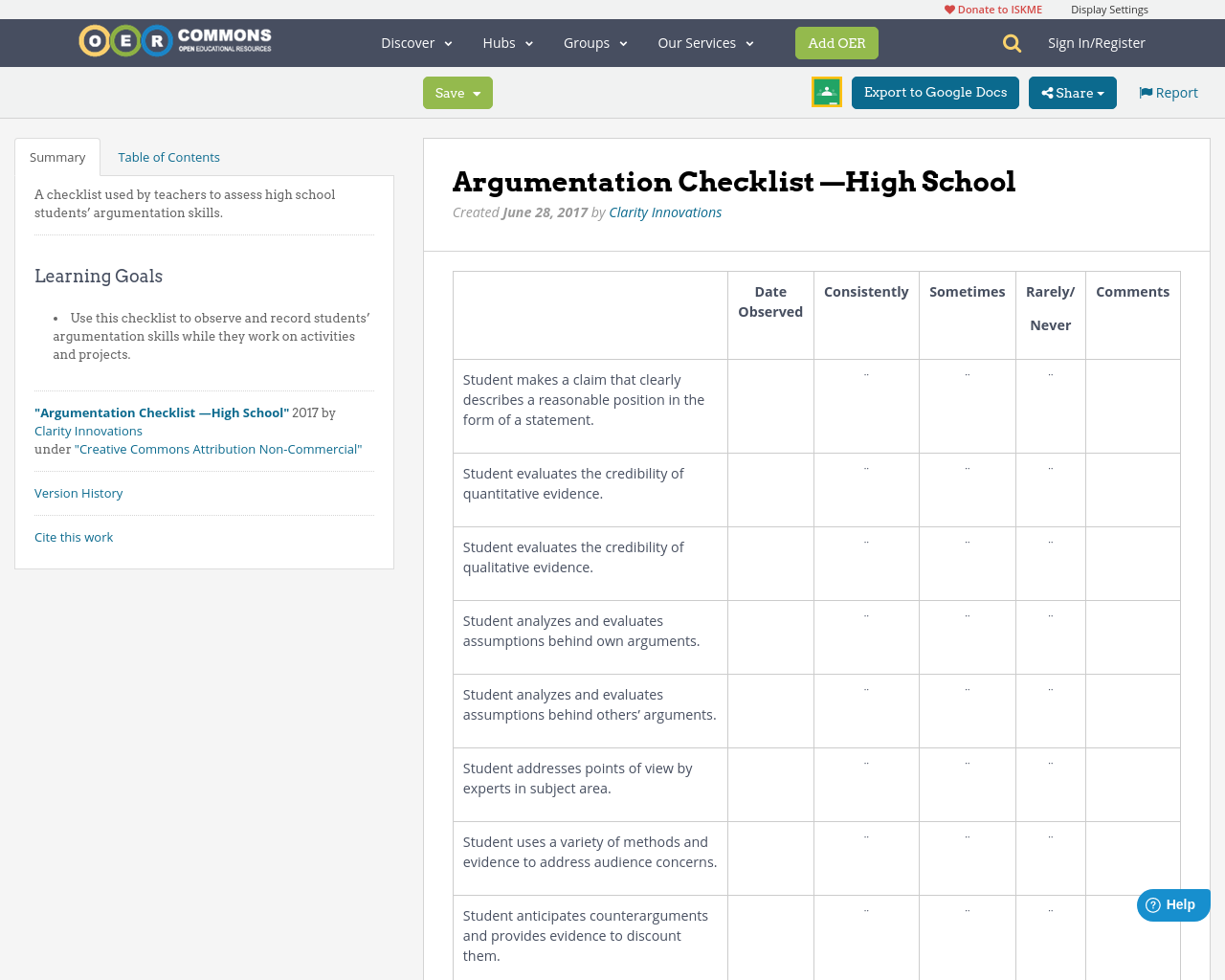 Argumentation Checklist —High School | OER Commons