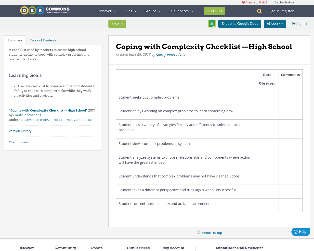 Coping with Complexity Checklist —High School | OER Commons
