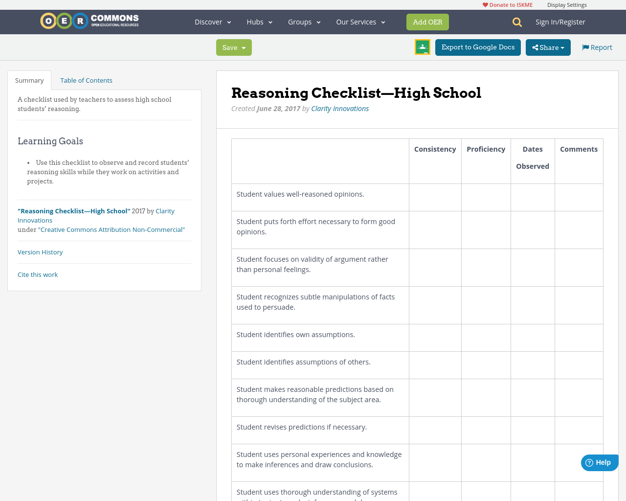 Reasoning Checklist—High School | OER Commons