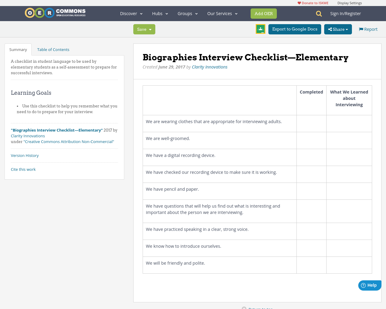 Biographies Interview Checklist—Elementary | OER Commons
