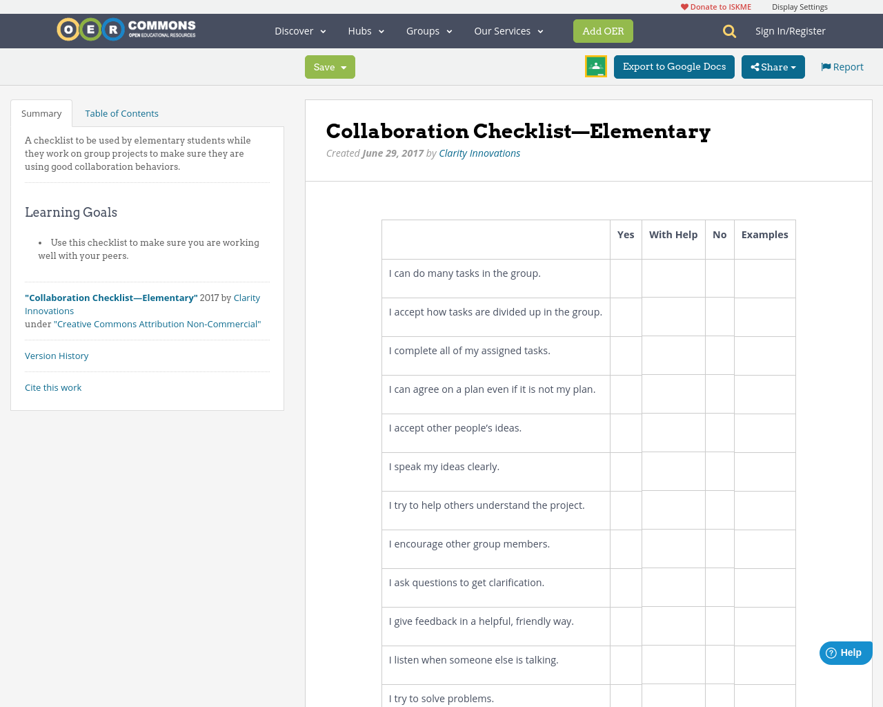 Collaboration Checklist—Elementary | OER Commons