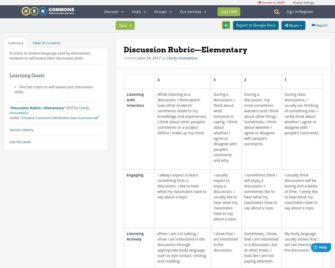 Discussion Rubric—Elementary | OER Commons
