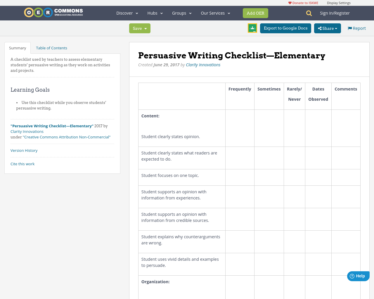 Persuasive Writing Checklist—Elementary | OER Commons