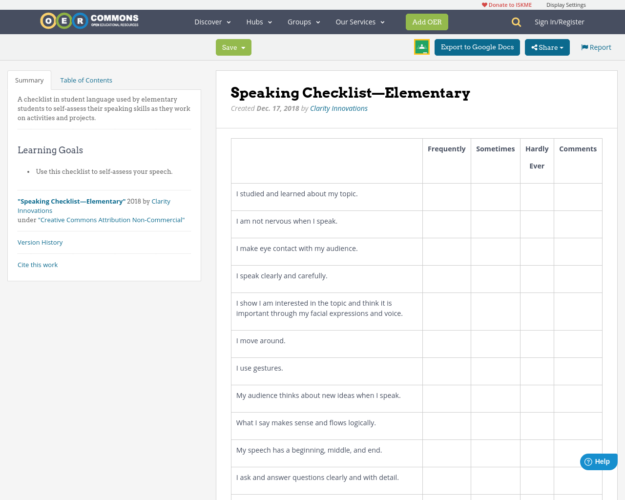 Speaking Checklist—Elementary | OER Commons