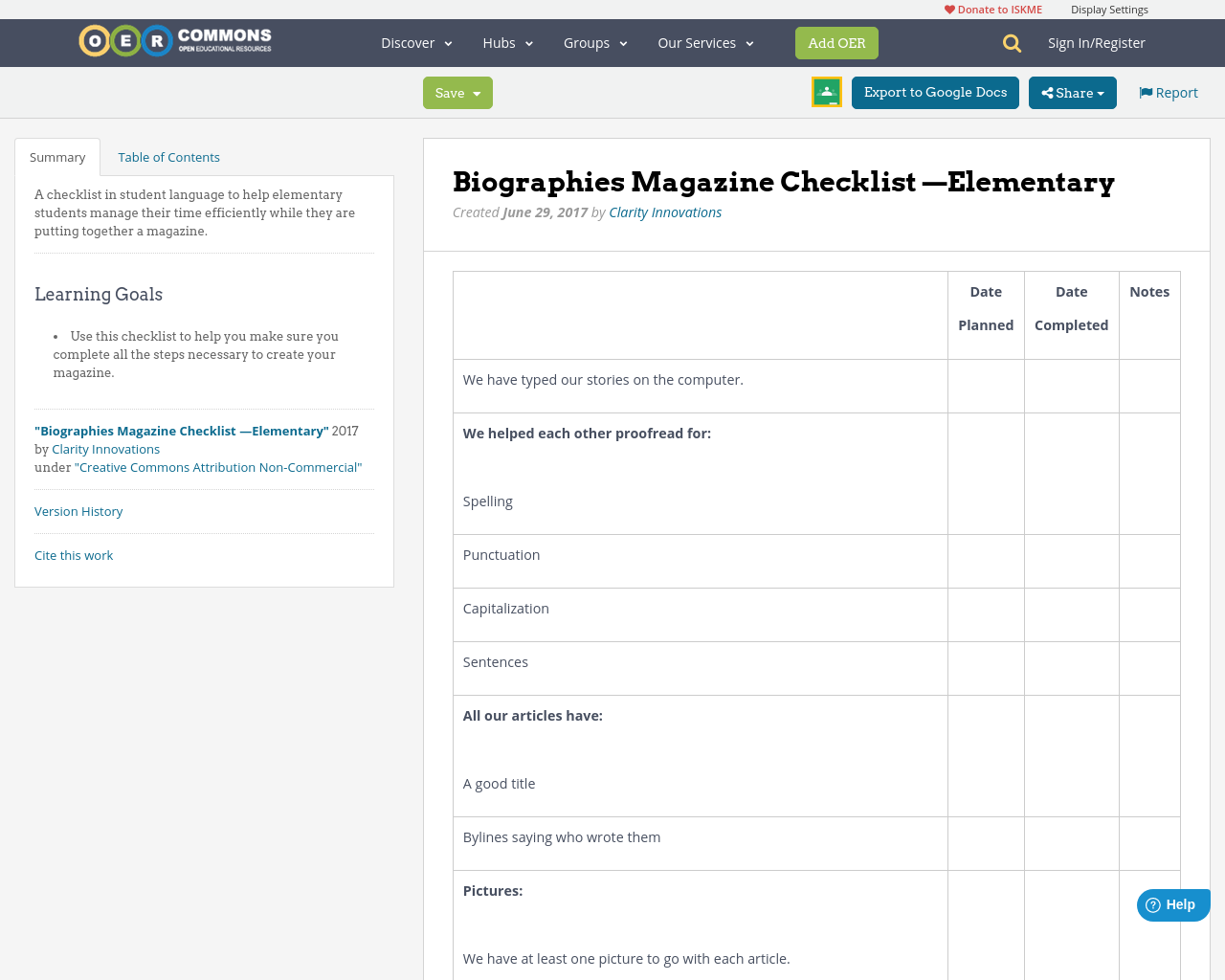 Biographies Magazine Checklist —Elementary | OER Commons