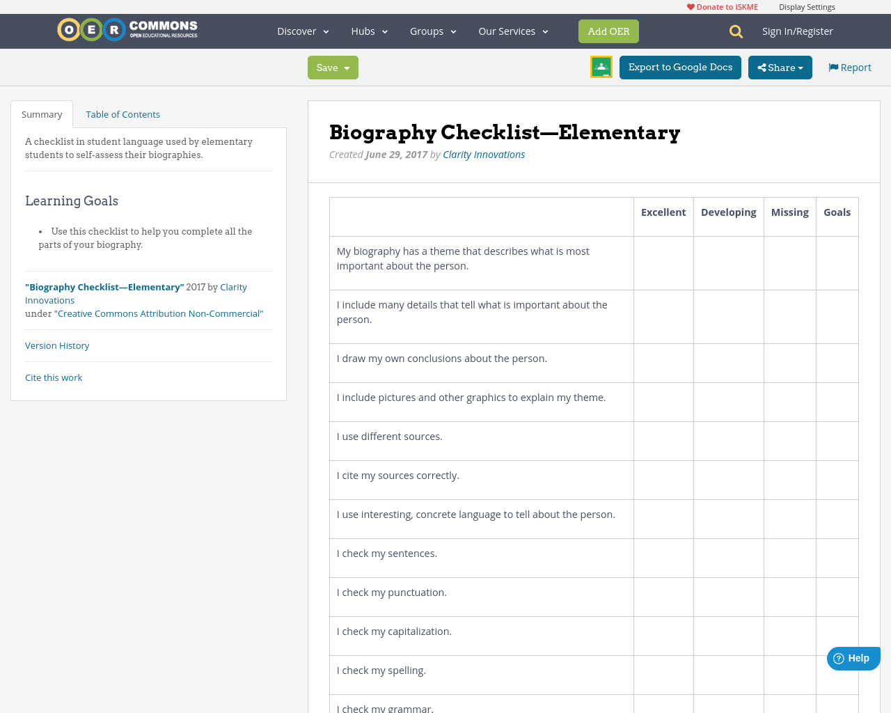 Biography Checklist—Elementary | OER Commons