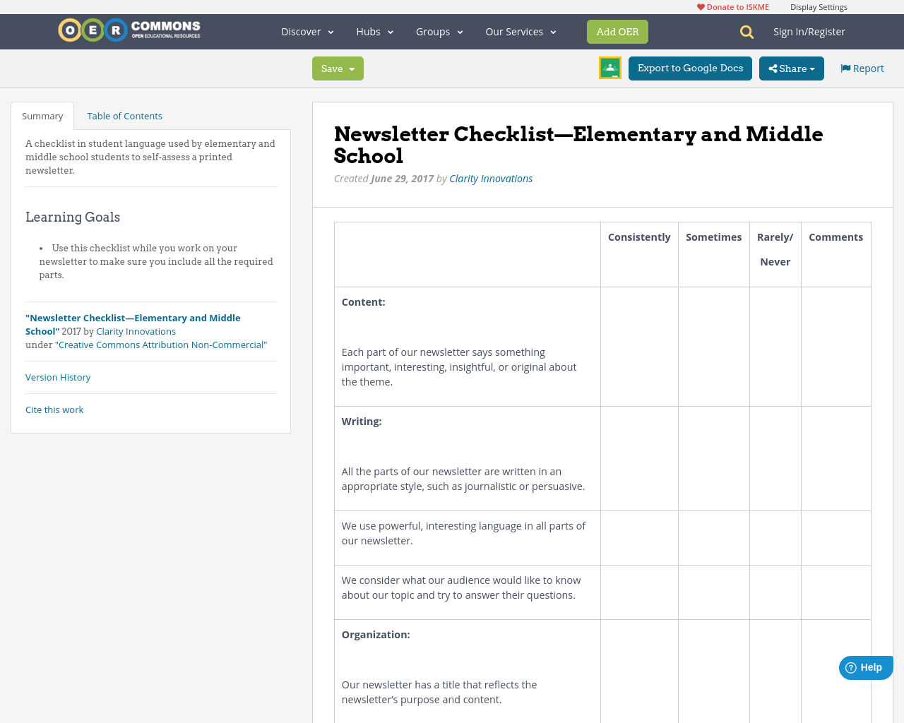 Newsletter Checklist—Elementary and Middle School | OER Commons