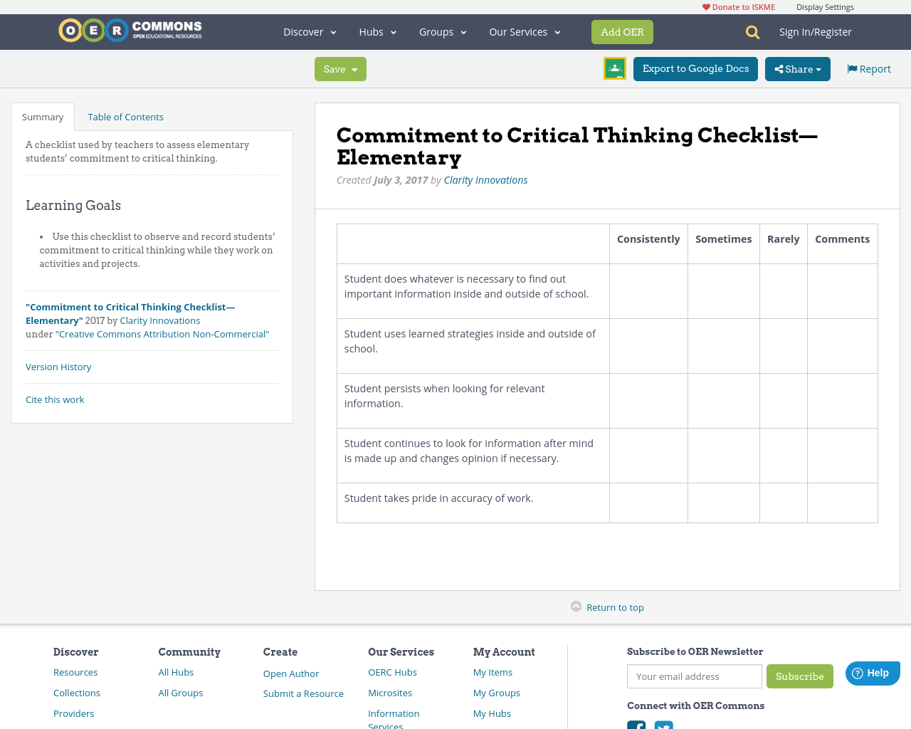 Commitment to Critical Thinking Checklist—Elementary | OER Commons