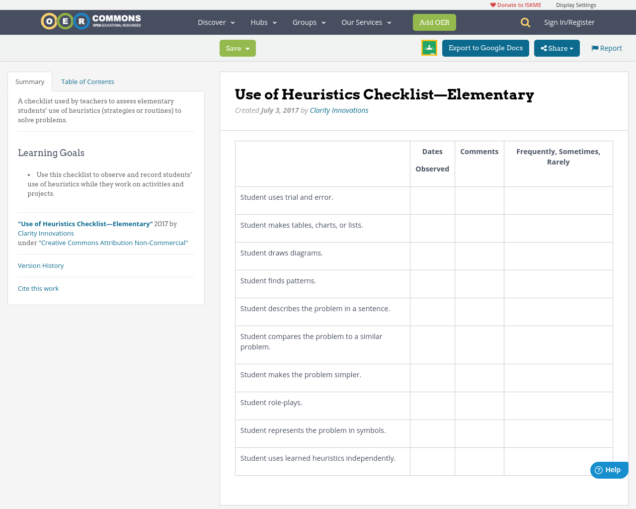 Use of Heuristics Checklist—Elementary | OER Commons