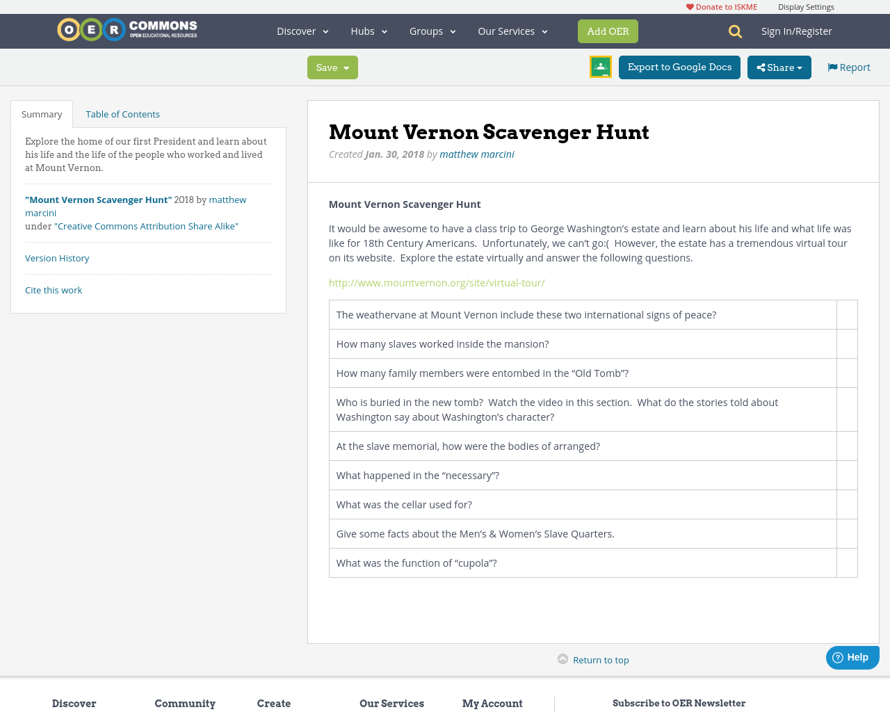 Mount Vernon Scavenger Hunt | OER Commons