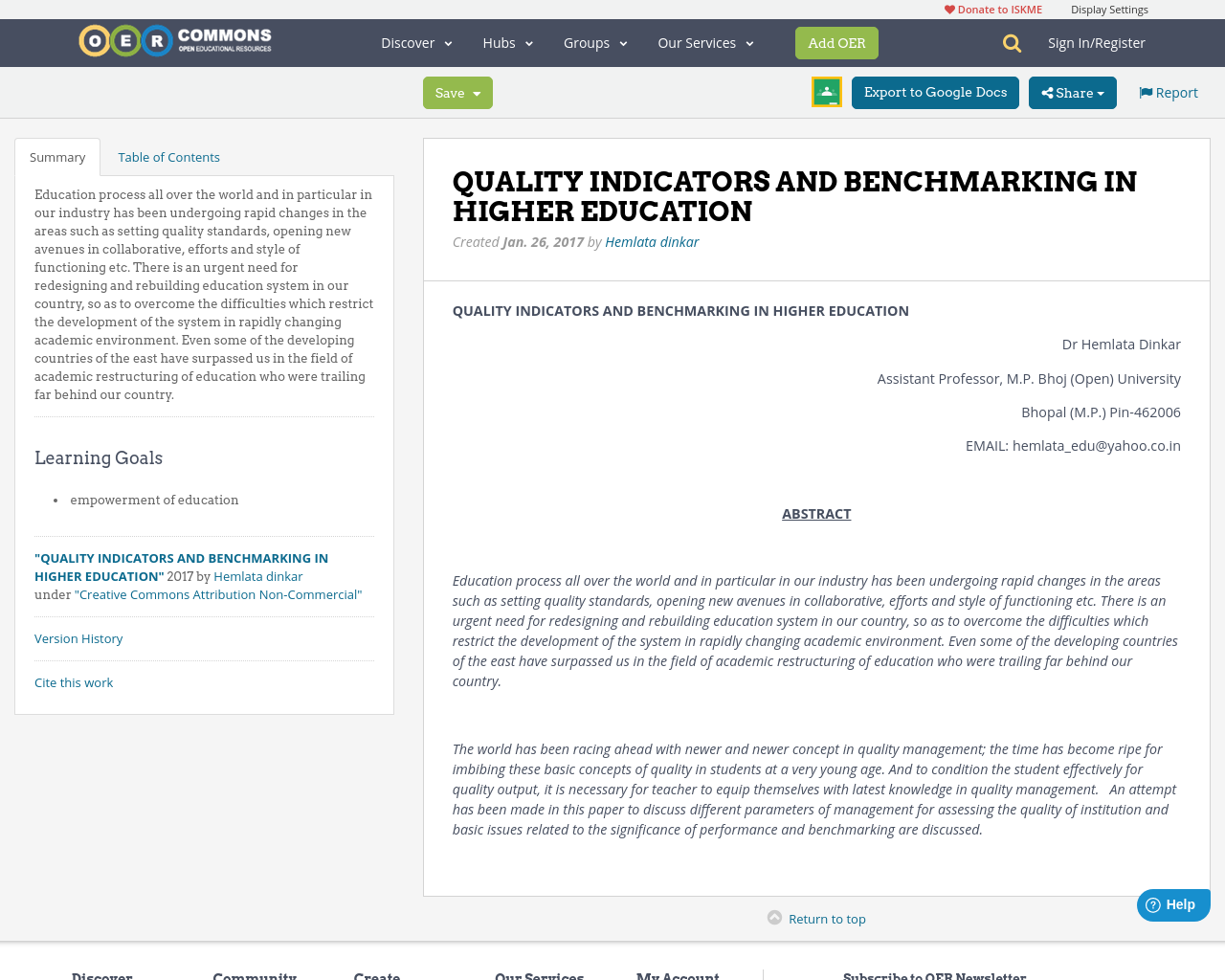 Quality Indicators And Benchmarking In Higher Education Oer Commons