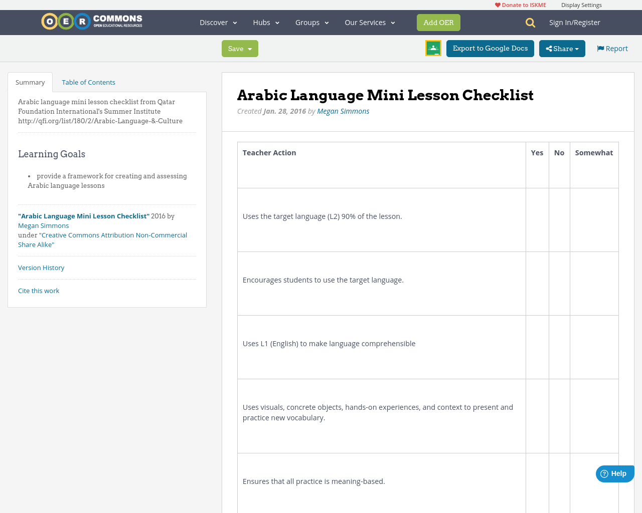 Arabic Language Mini Lesson Checklist | OER Commons