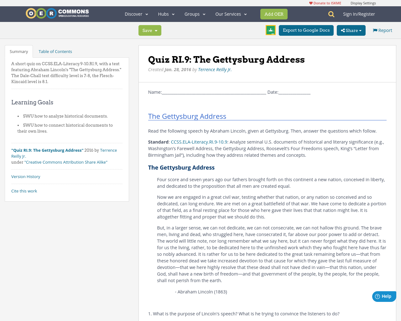 Quiz RI.9: The Gettysburg Address | OER Commons