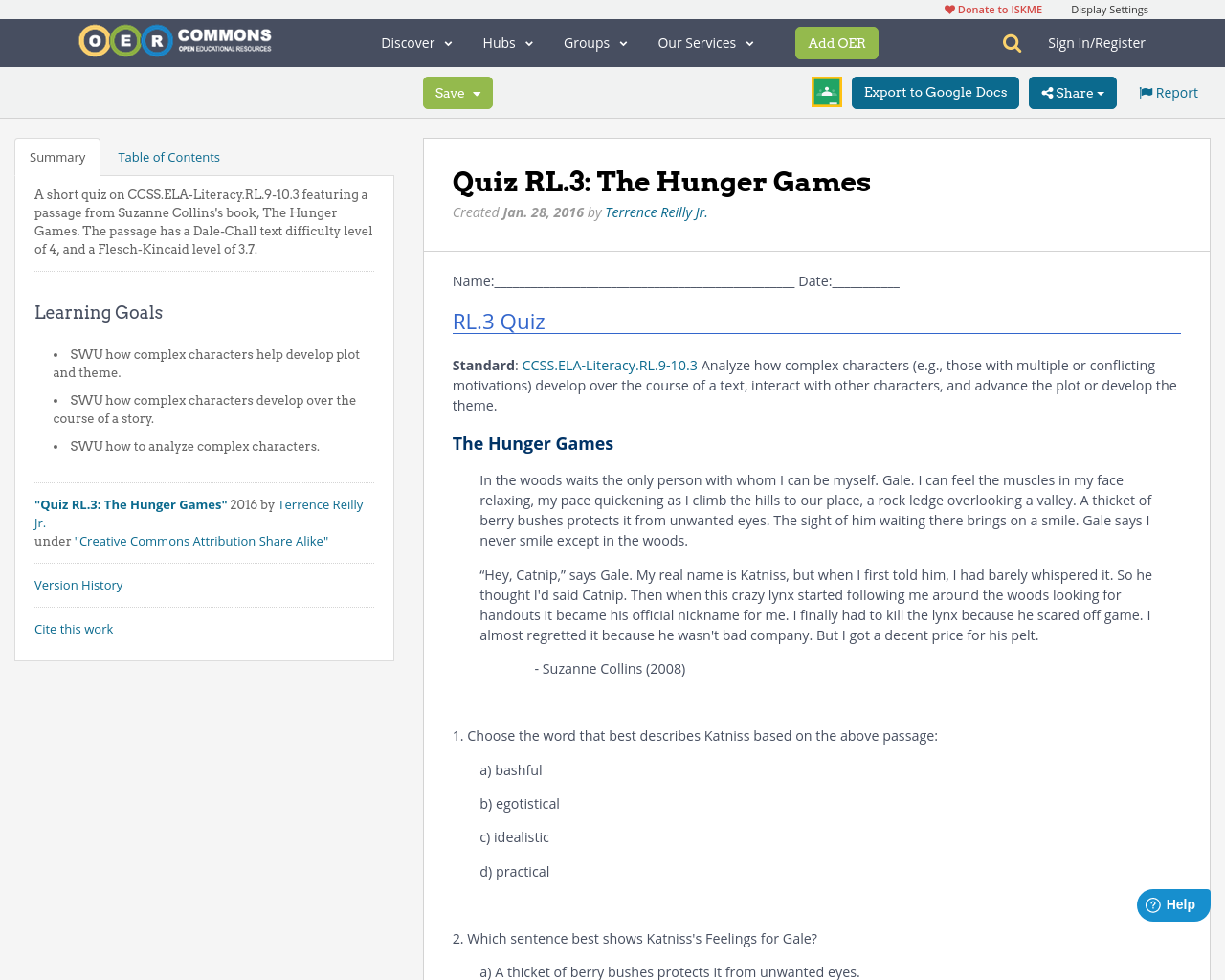 Quiz RL.3: The Hunger Games | OER Commons